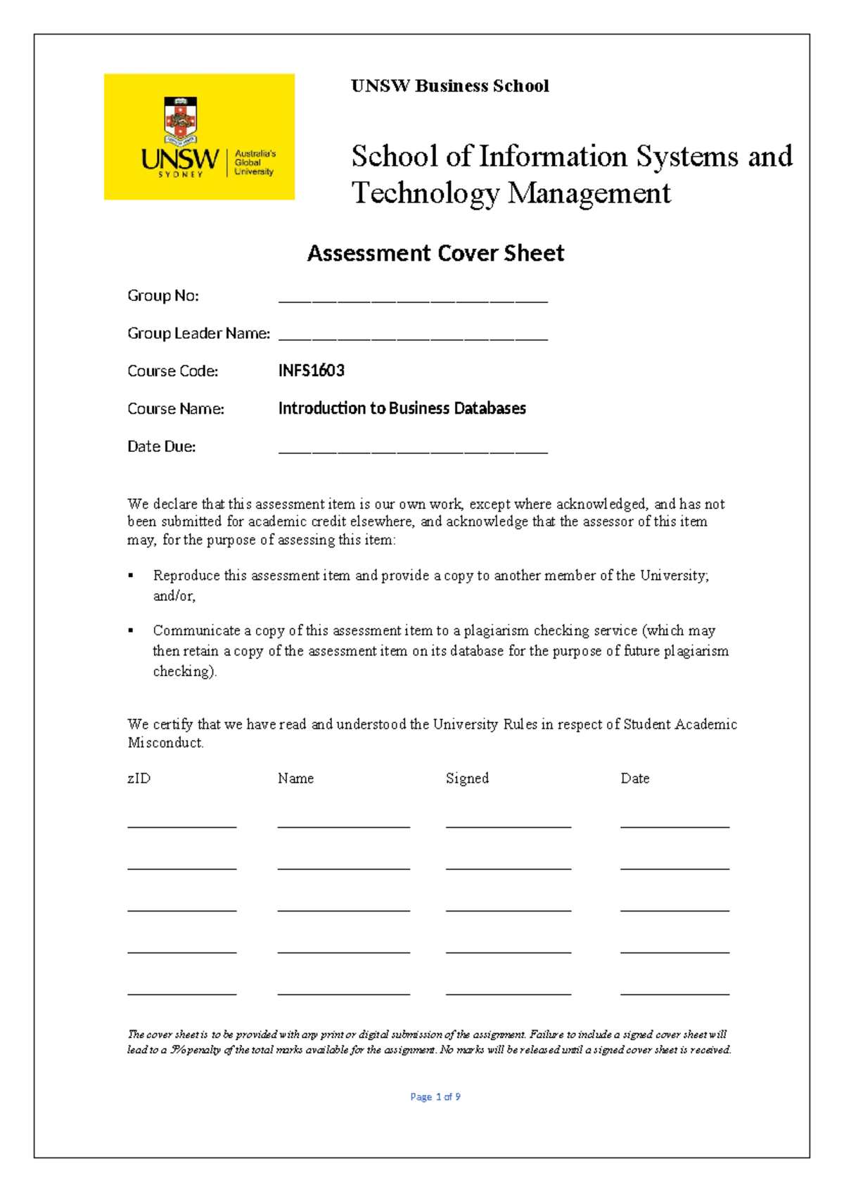 Infs1603 Group Assignment Cover Sheet Template Studocu