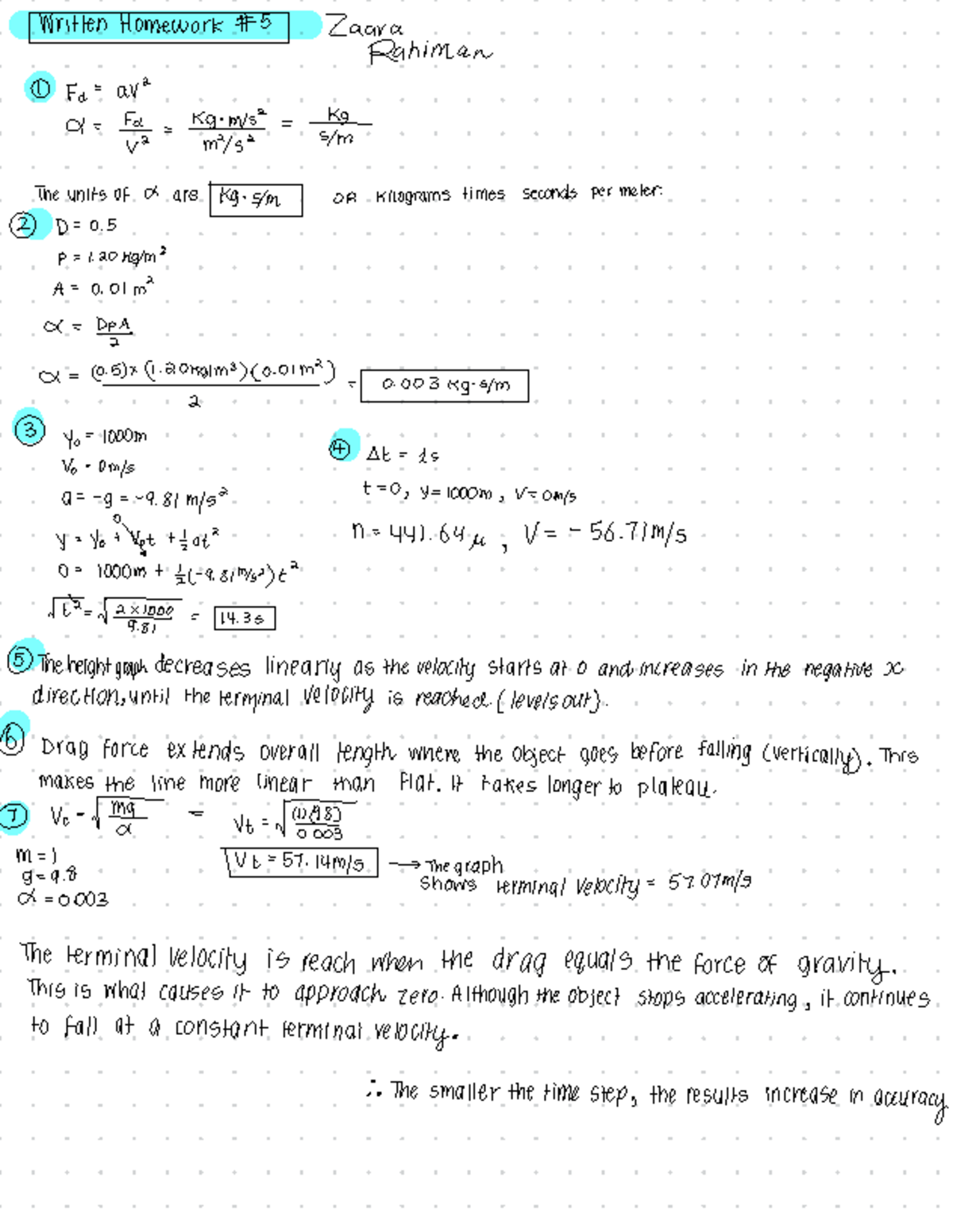 Crowdmark #5 - Written Homework #5 Zaara Rahiman 1 Fa = ava &==m The units ofd are Kg. S/m O ...
