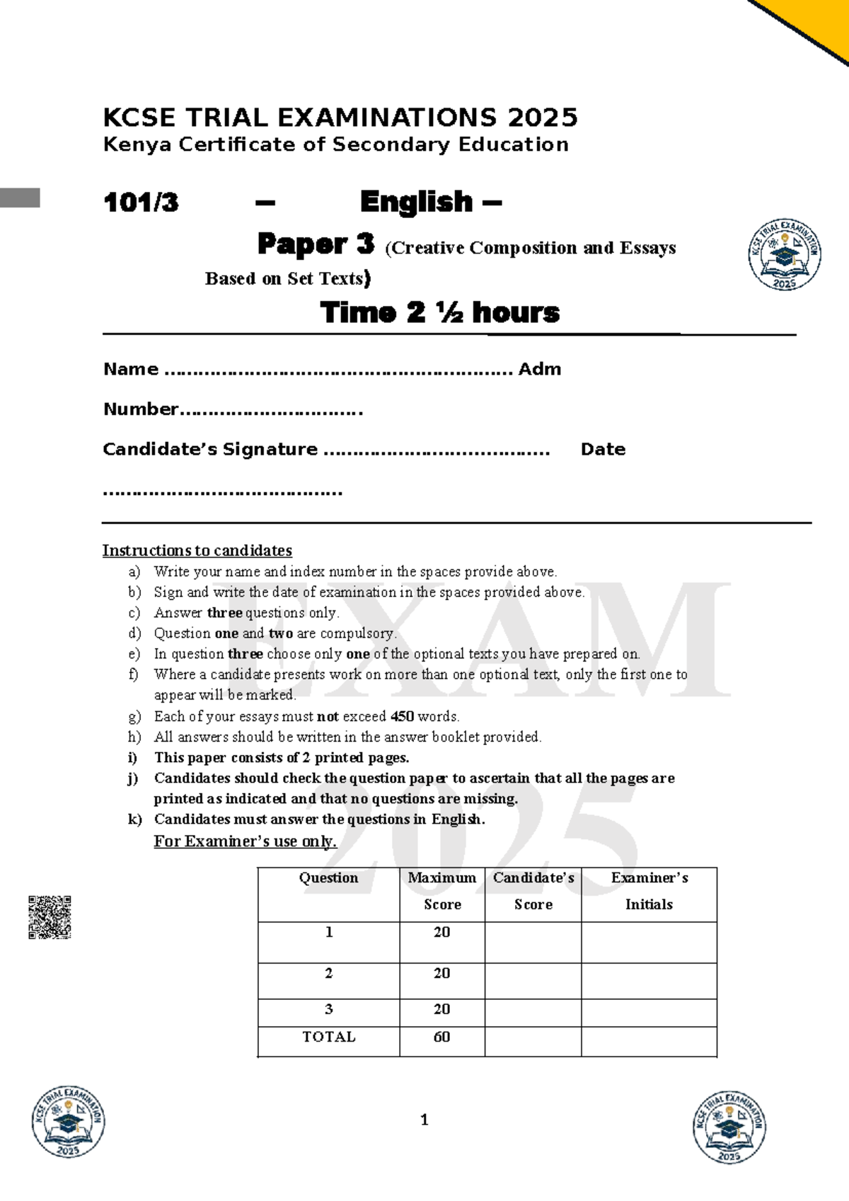 KCSE 2025 English Paper 3: Creative Composition & Essays - Studocu