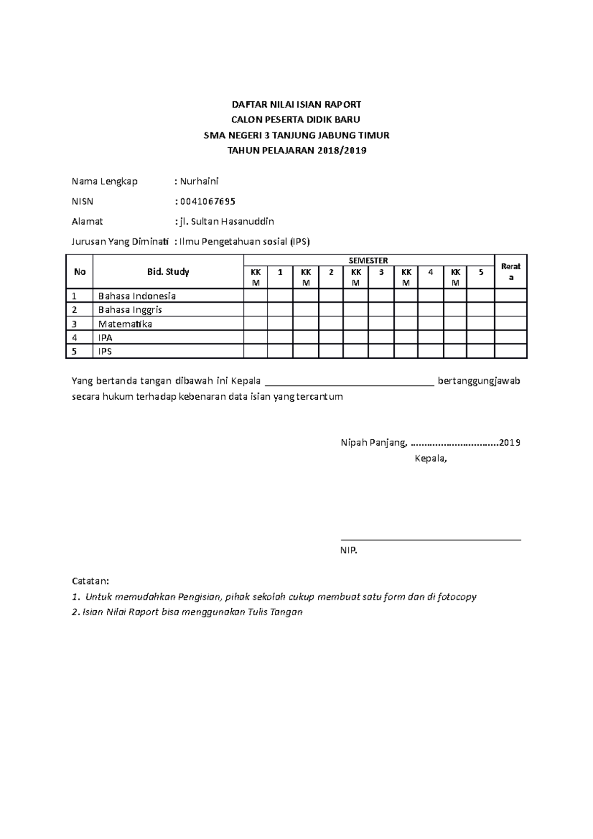 Formulir - DAFTAR NILAI ISIAN RAPORT CALON PESERTA DIDIK BARU SMA ...