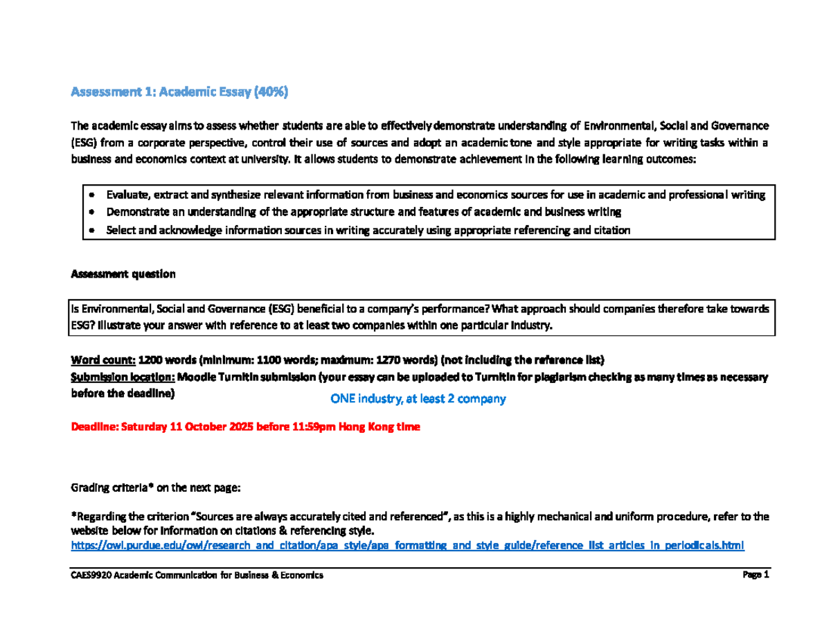 CAES9920 Assessment 1: Academic Essay on ESG in Business - Studocu