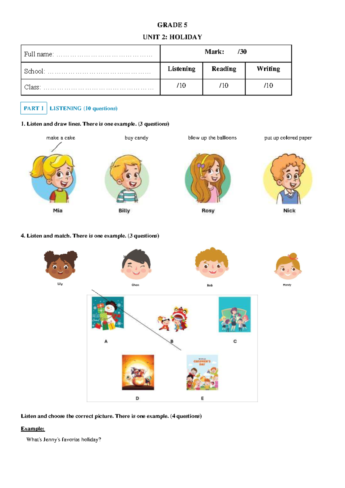 GRADE 5 ENGLISH UNIT 2: HOLIDAY PRACTICE EXERCISES - Studocu