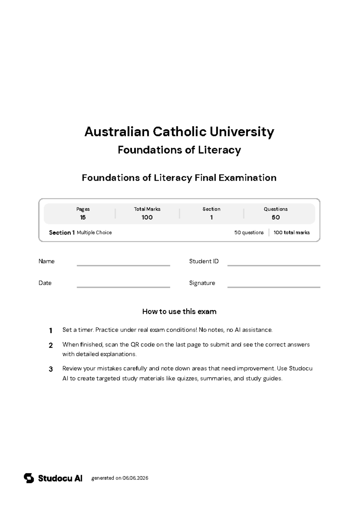 Foundations of Literacy Final Examination - Studocu