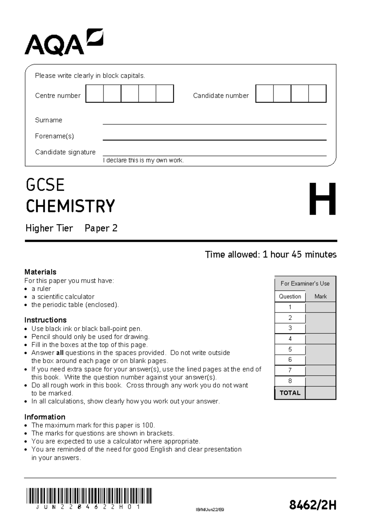 GCSE CHEMISTRY Higher Tier Paper 2 - June 2022 Past Exam Questions ...