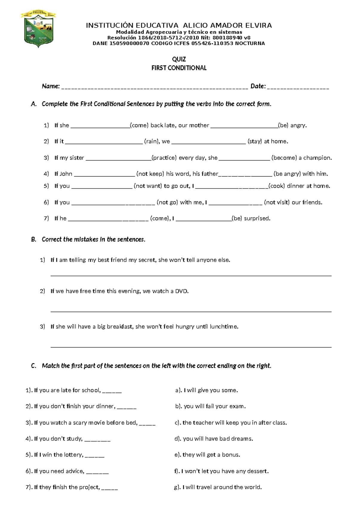 Quiz ICFES Nocturna: First Conditional Exercises - Studocu