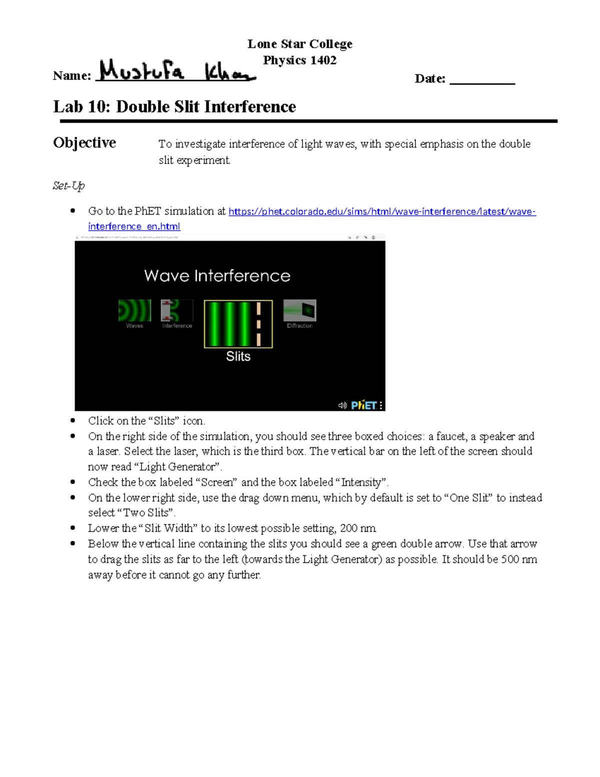 Lab 10 - Physics 1402: Exploring Double Slit Interference - Studocu