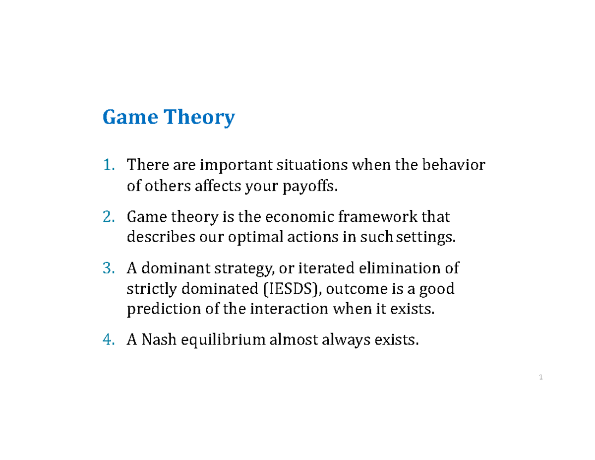 Game Theory (Lecture 13): Dominant Strategies & Nash Equilibria - Studocu