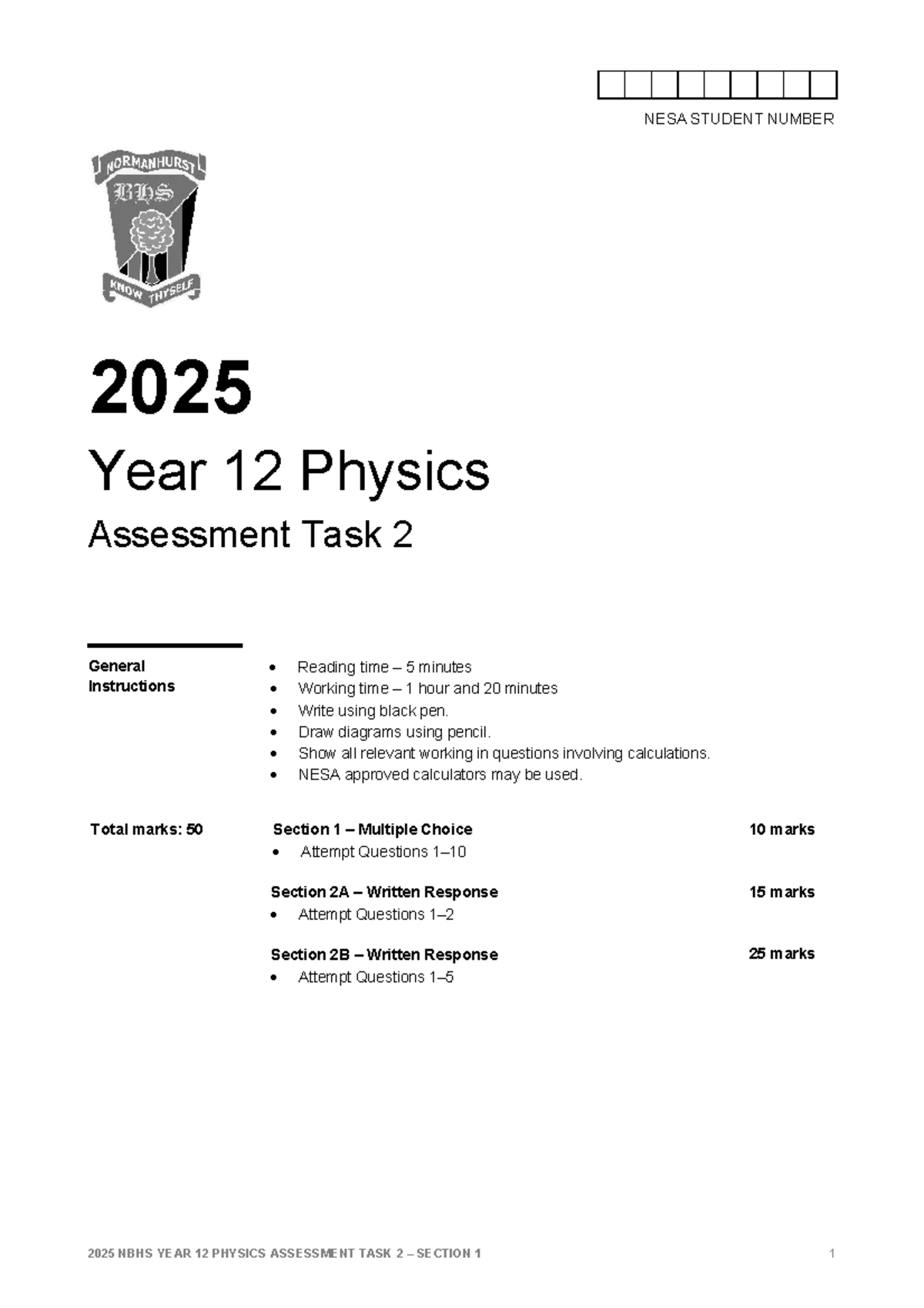 2025 NBHS Year 12 Physics Assessment Task 2 Guide - Studocu