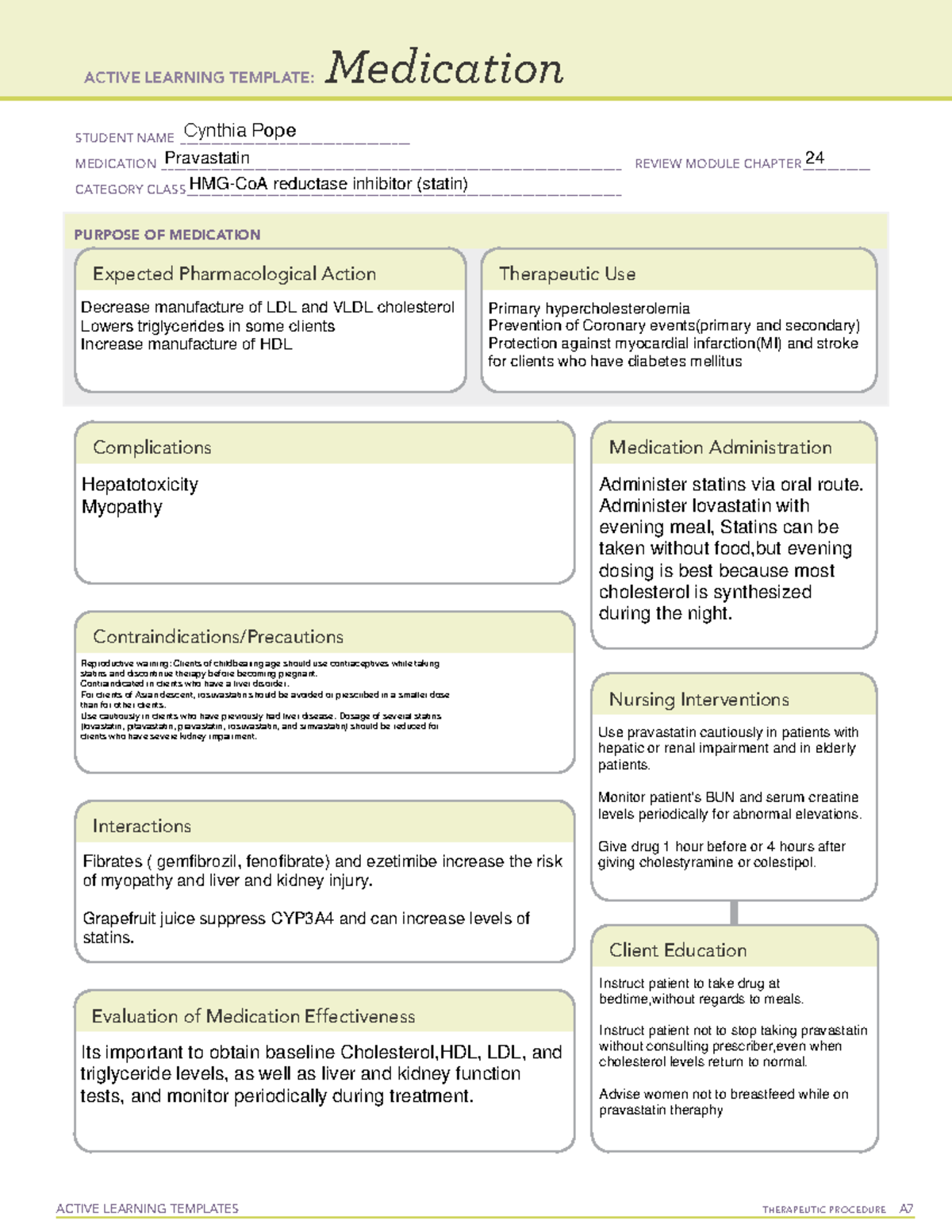 Pravastatin Medication Overview - ATI Active Learning Template - Studocu