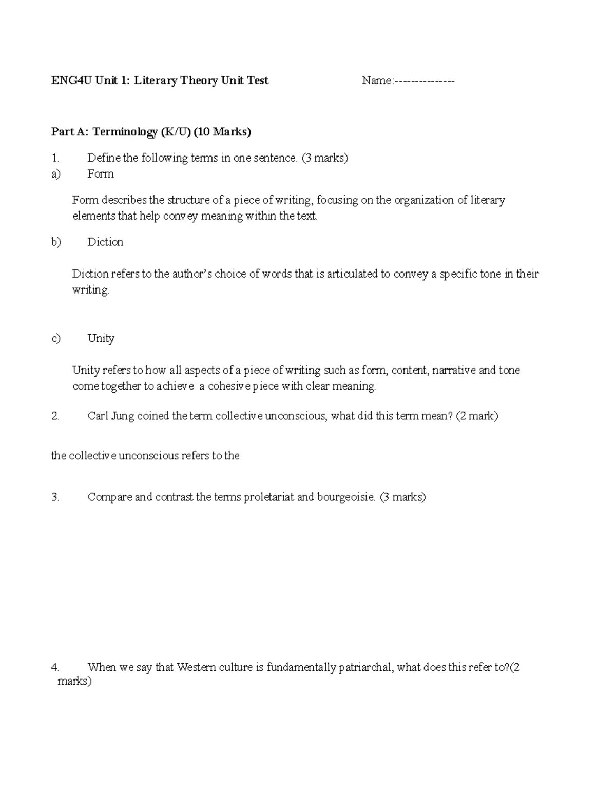 ENG4U Unit 1 Test: Literary Theory Terminology & Short Answer Analysis ...