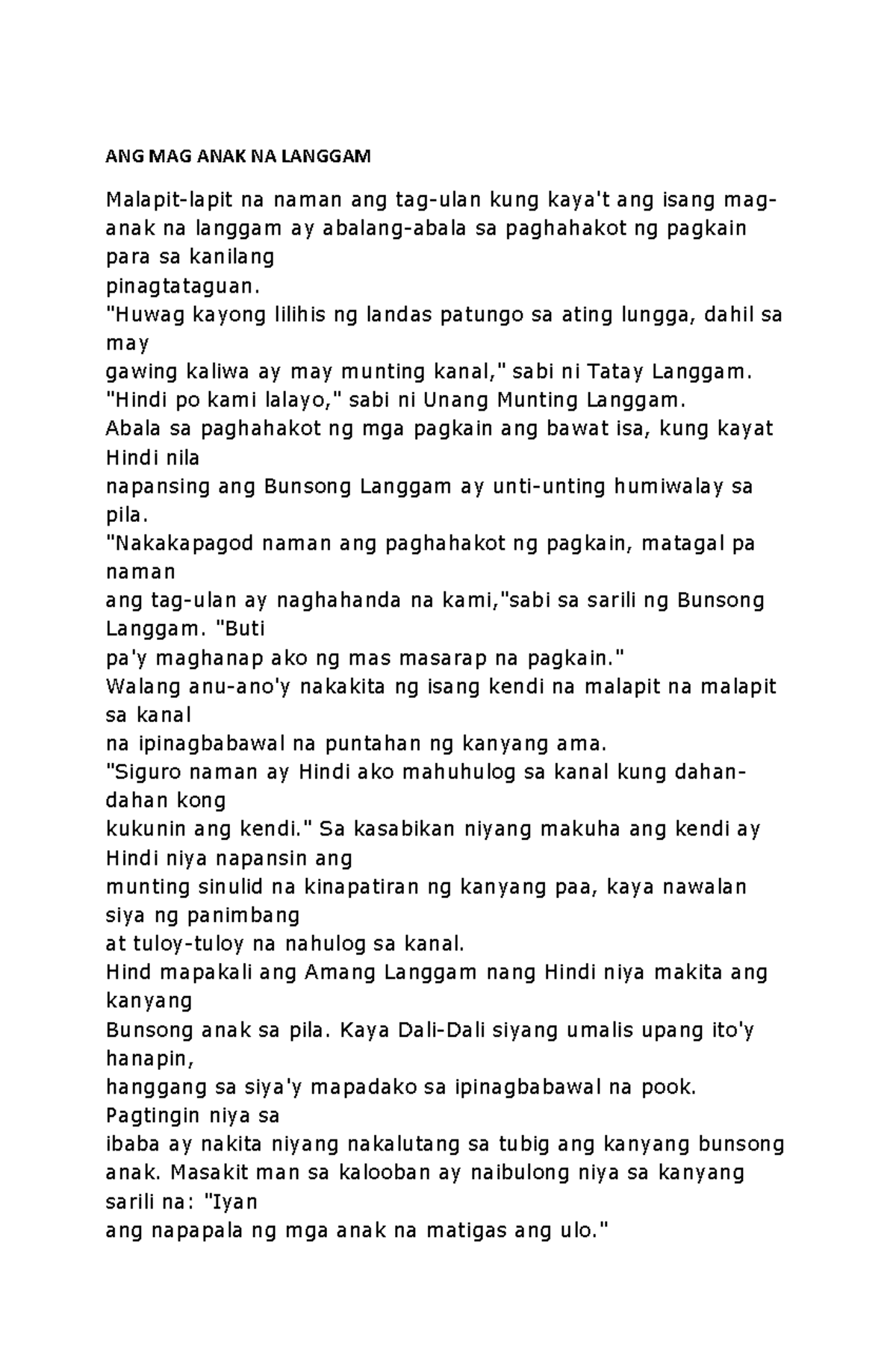 kwento ng mag-anak na langgam: Isang Pabula ng Pagsisisi - Studocu