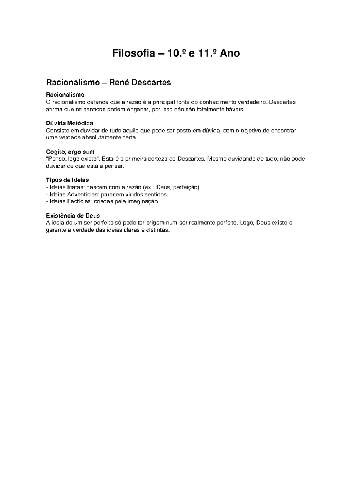 Racionalismo e Descartes: Filosofia 10.º e 11.º Ano - Studocu