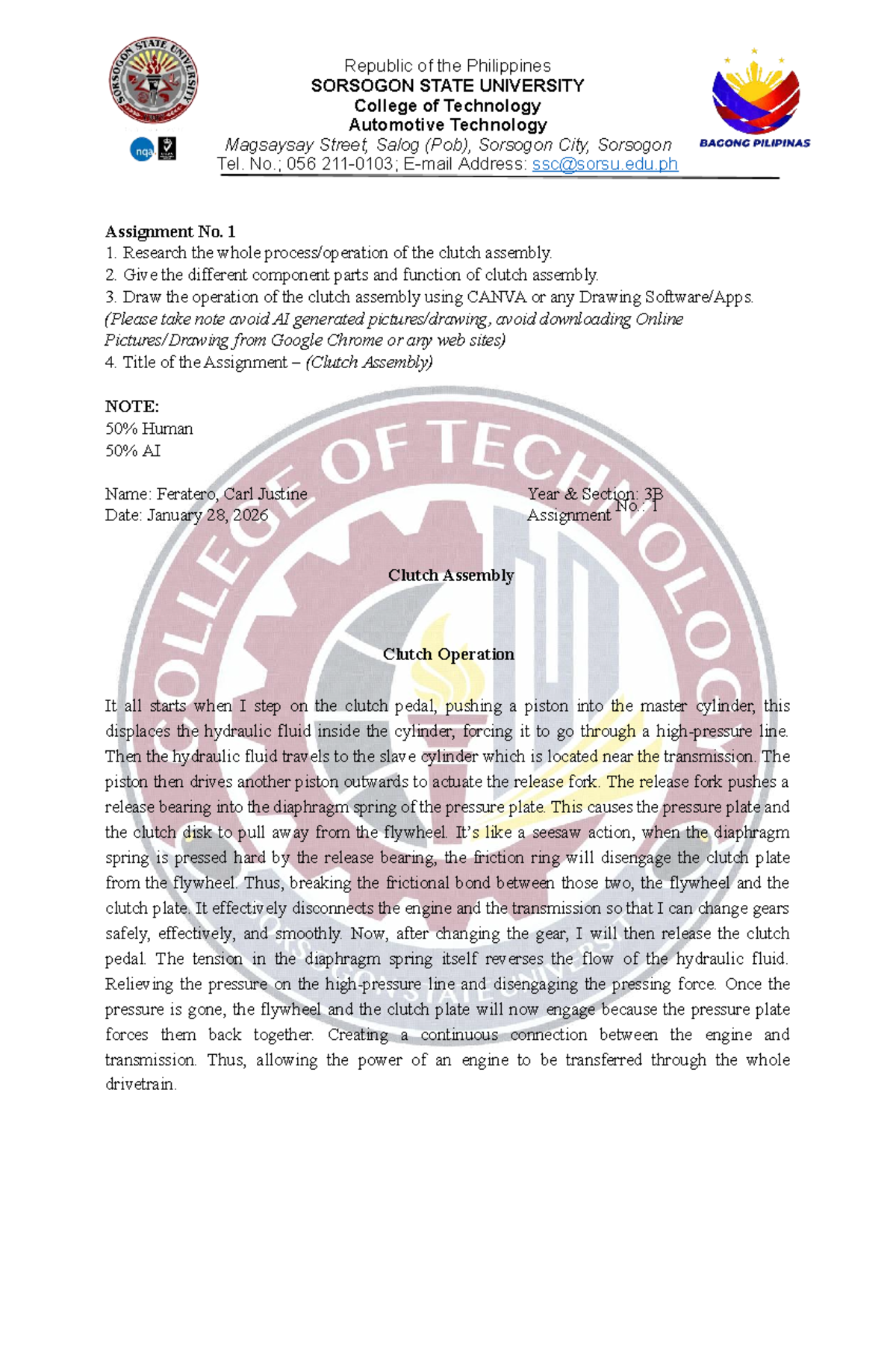 Assignment 1: Clutch Assembly Research & Operation - Auto Tech 3B - Studocu