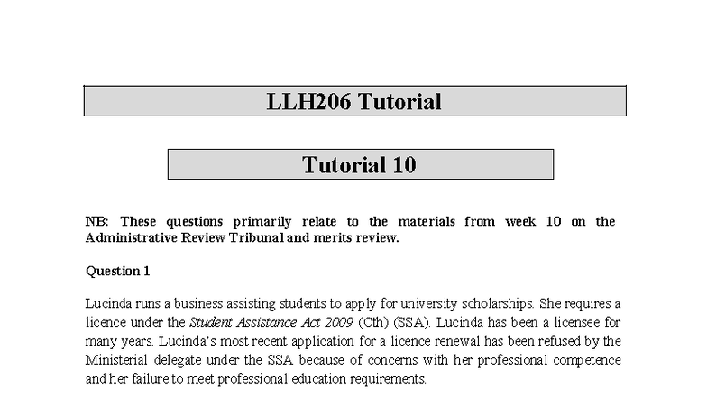 LLH206 Tutorial 10: Administrative Review Tribunal & Merits Review ...