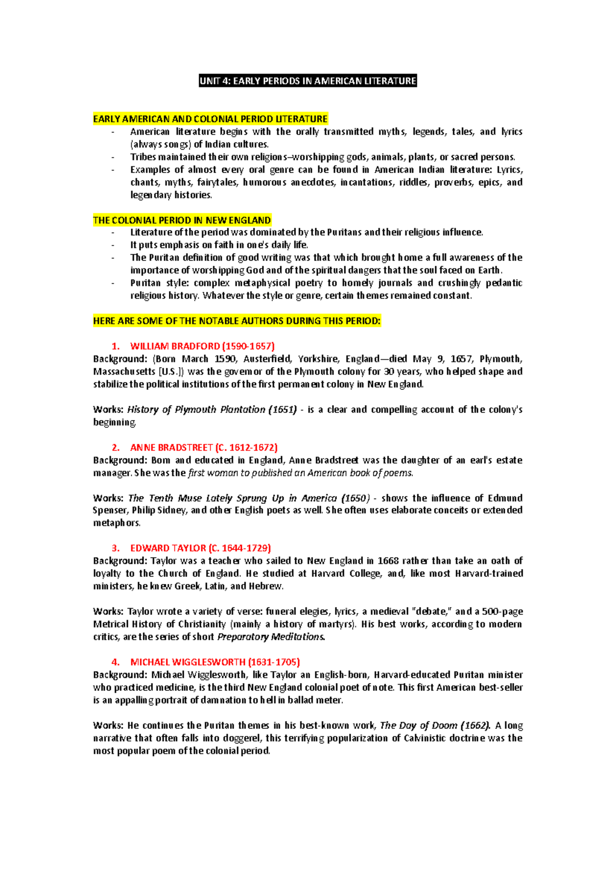 Edeng 114 UNIT 4 Review: Early American Literature and Its Key Authors ...
