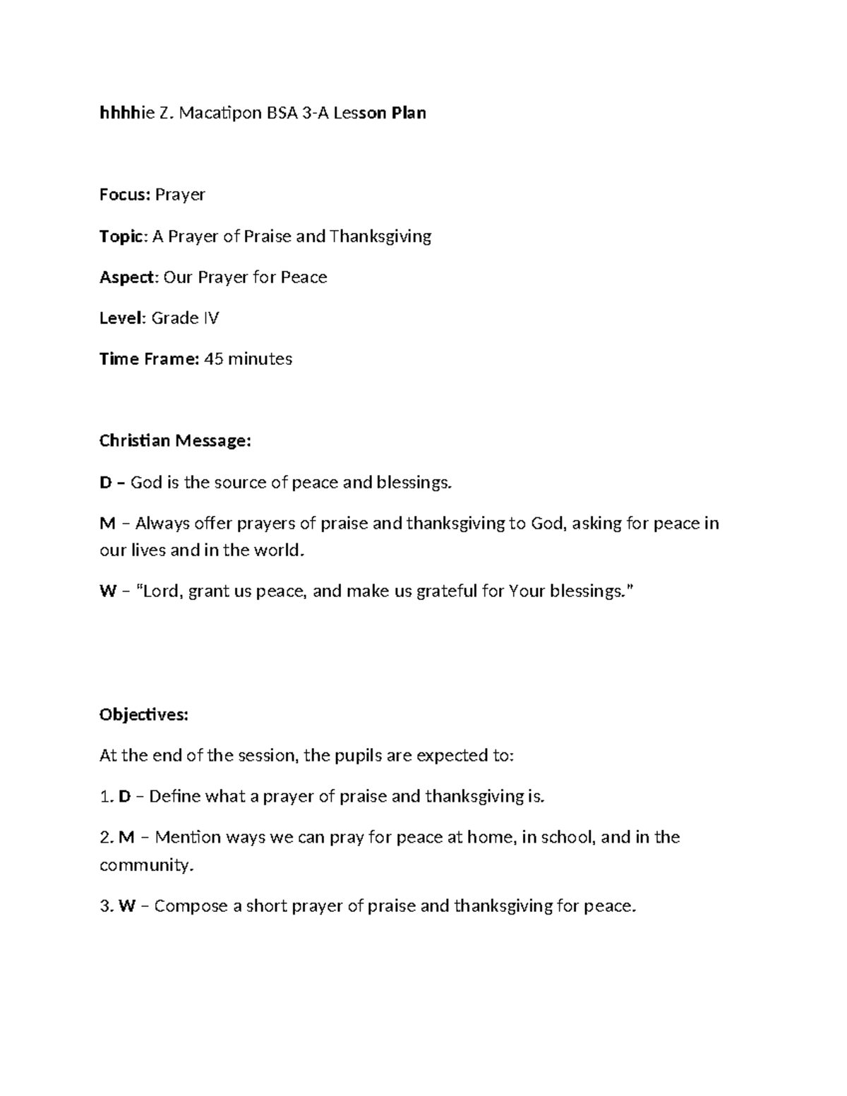 BSA Lesson Plan: Prayer of Praise & Thanksgiving for Grade IV - Studocu