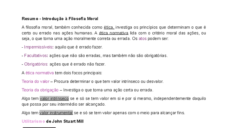 Filosofia Moral: Resumos sobre Utilitarismo e Deontologia - Studocu