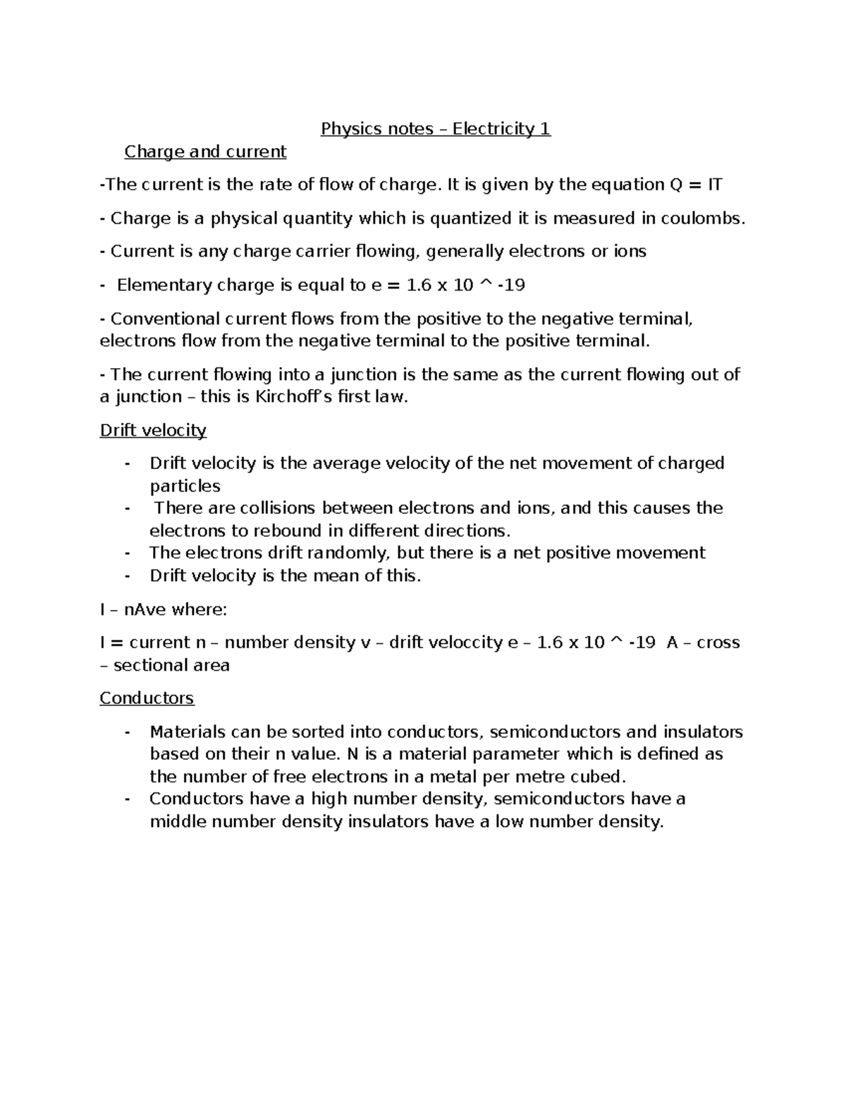 Physics Notes - Electricity 1: Charge, Current, and Conductors - Studocu
