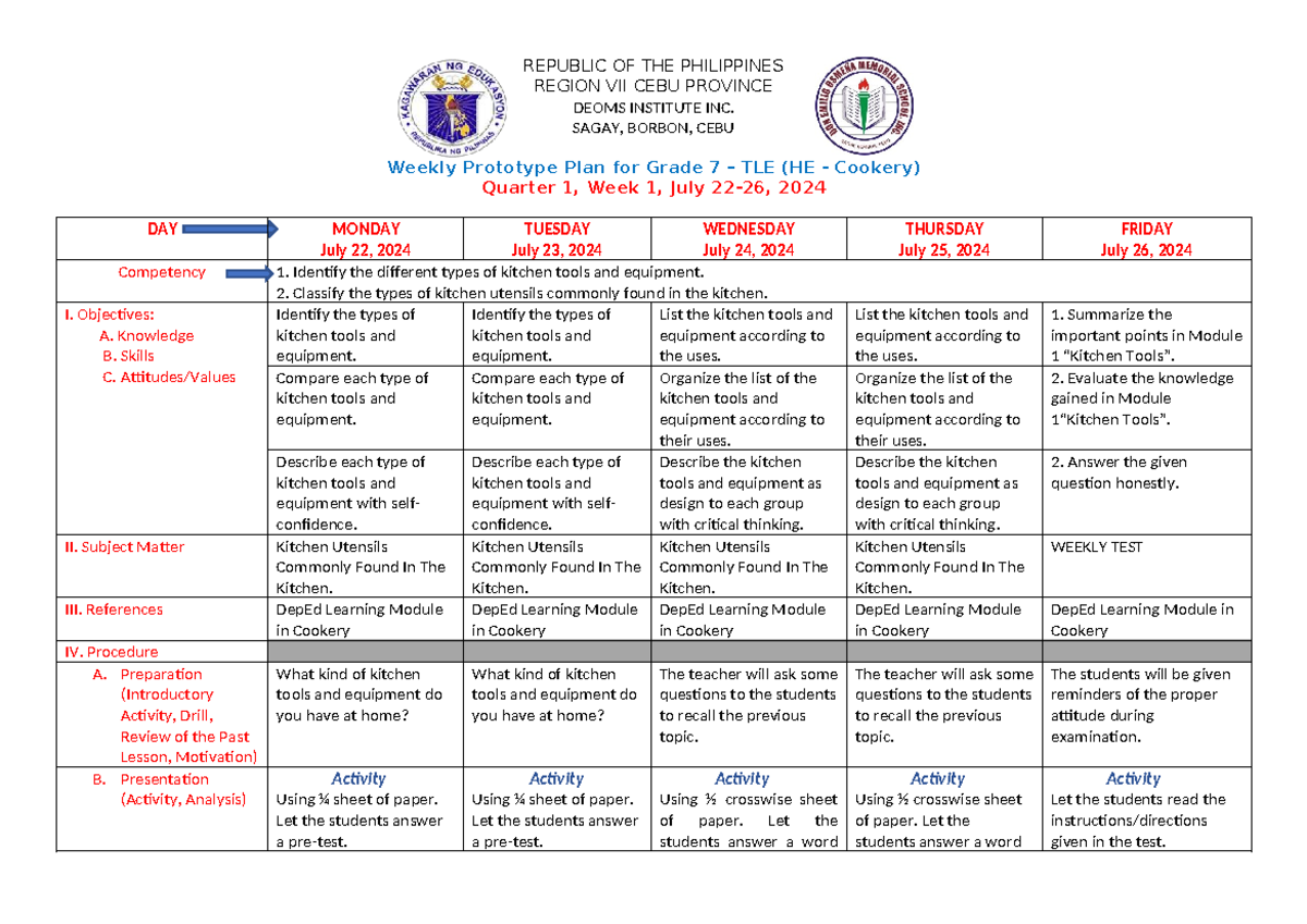 Weekly Prototype Plan for Grade 7 TLE (HE Cookery) - Week 1 - Studocu