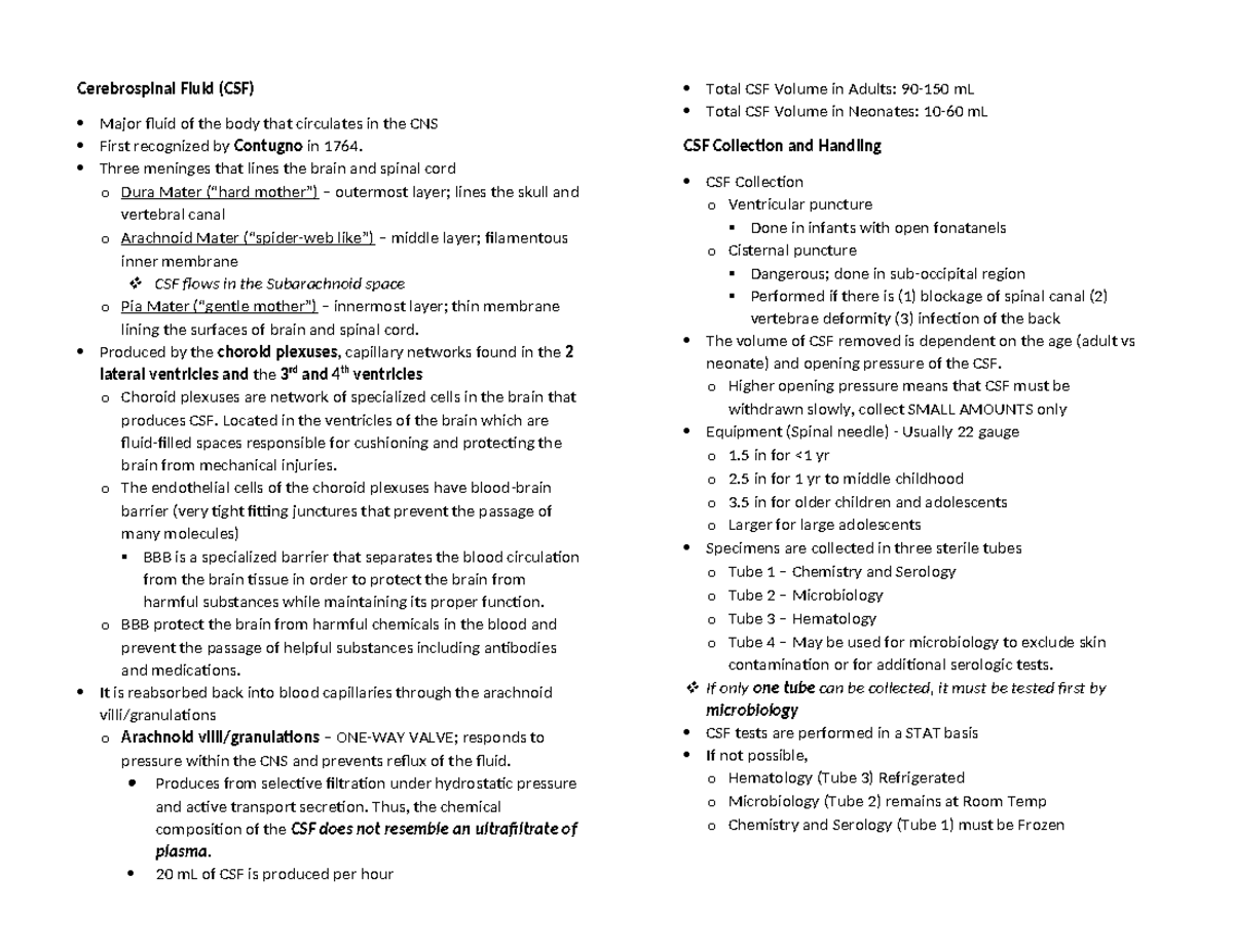 Cerebrospinal Fluid (CSF) Overview and Collection Guidelines - Studocu
