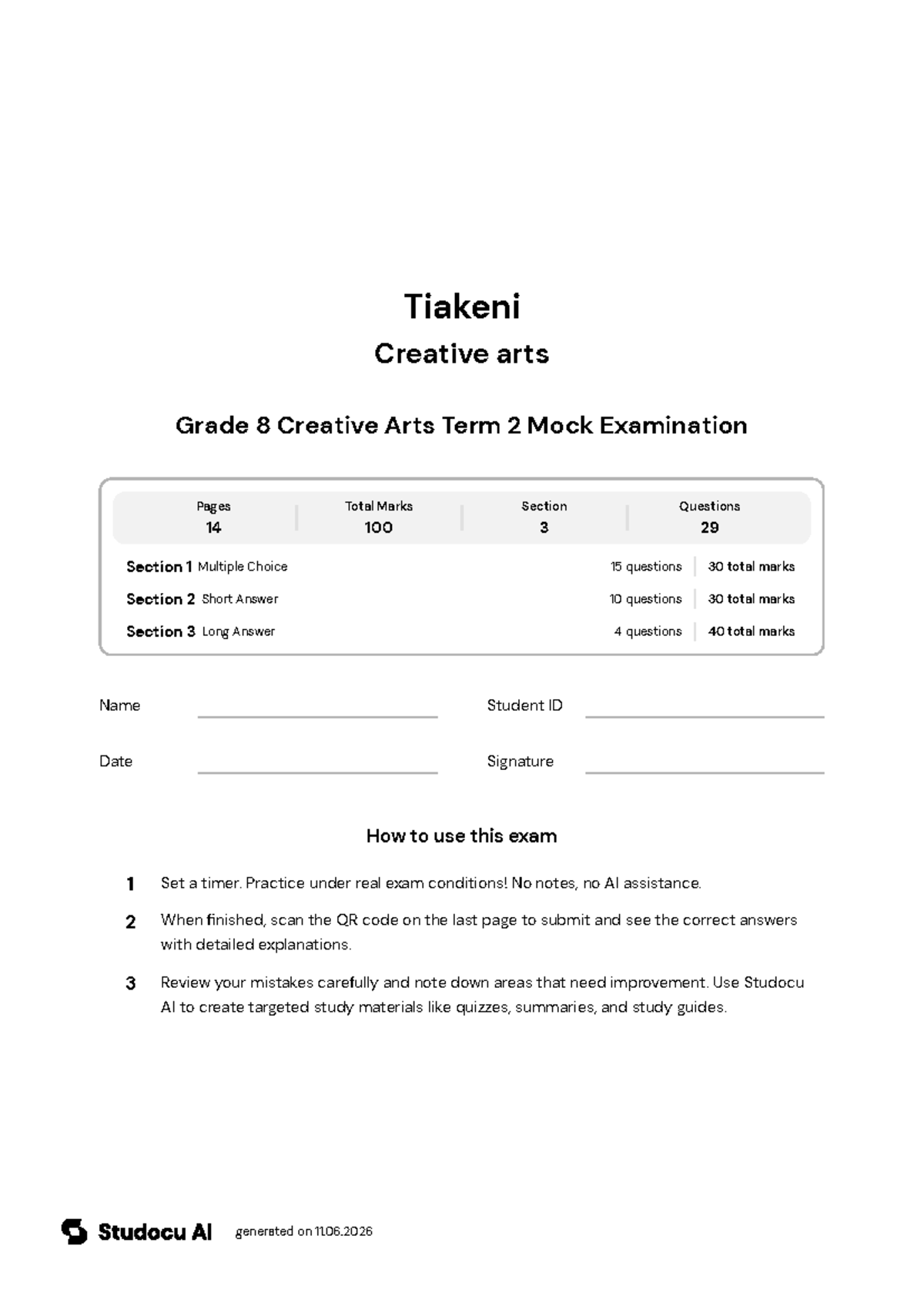Grade 8 Creative Arts Term 2 Mock Exam - Studocu