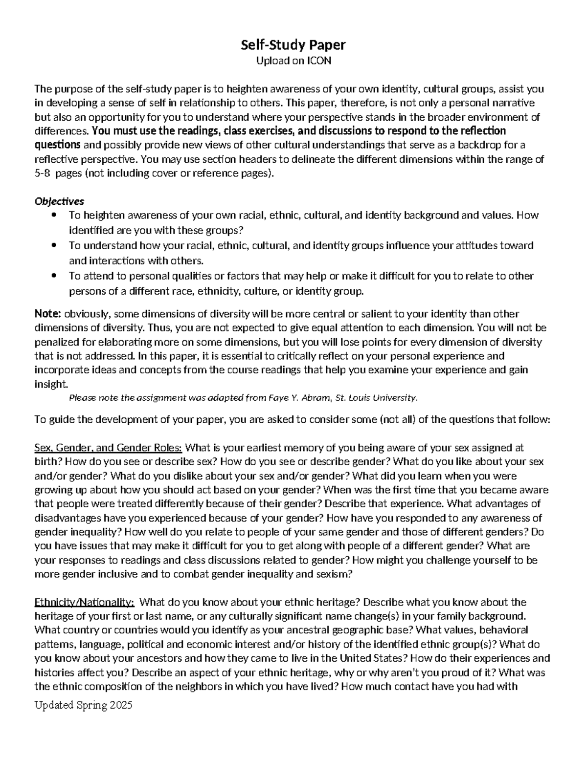 Self Study Assignment: Exploring Identity and Cultural Awareness - Studocu