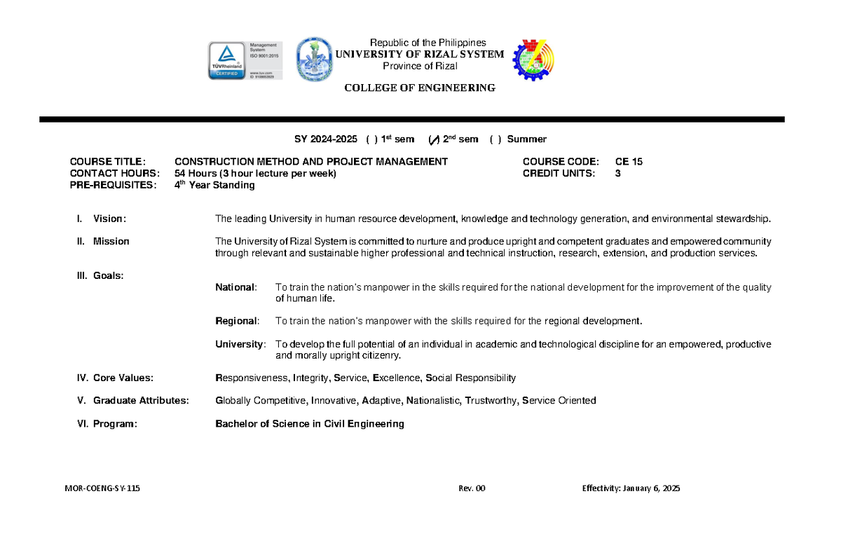 CE 15 Construction Method & Project Management Course Overview - Studocu