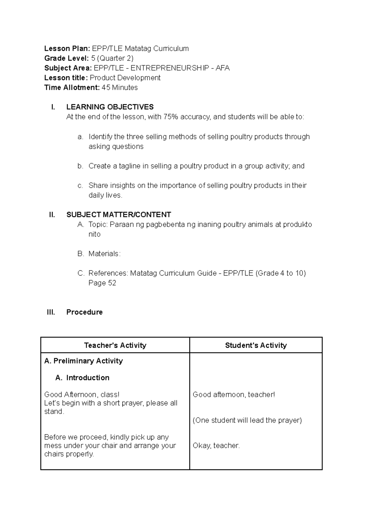 Lesson Plan: ENTREPRENEURSHIP AFA - Product Development for Grade 5 ...