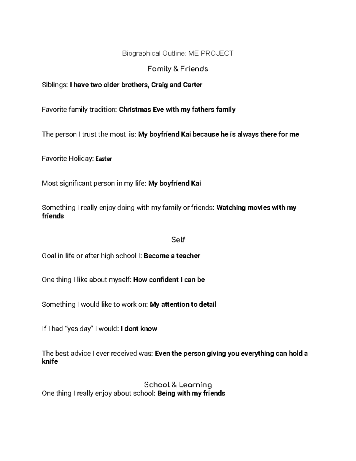 ME Project Bio Outline: Family, Friends & Goals - Fall 2025 - Studocu
