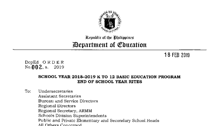 DepEd Order No. 002 s. 2019 - Kindergarten, Grade 6 & Grade 12 ...