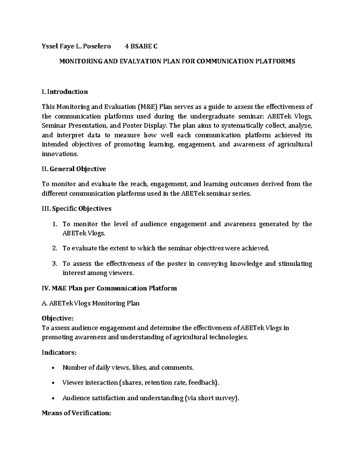 Monitoring and Evaluation Plan for Communication Platforms (4 BSABE C ...