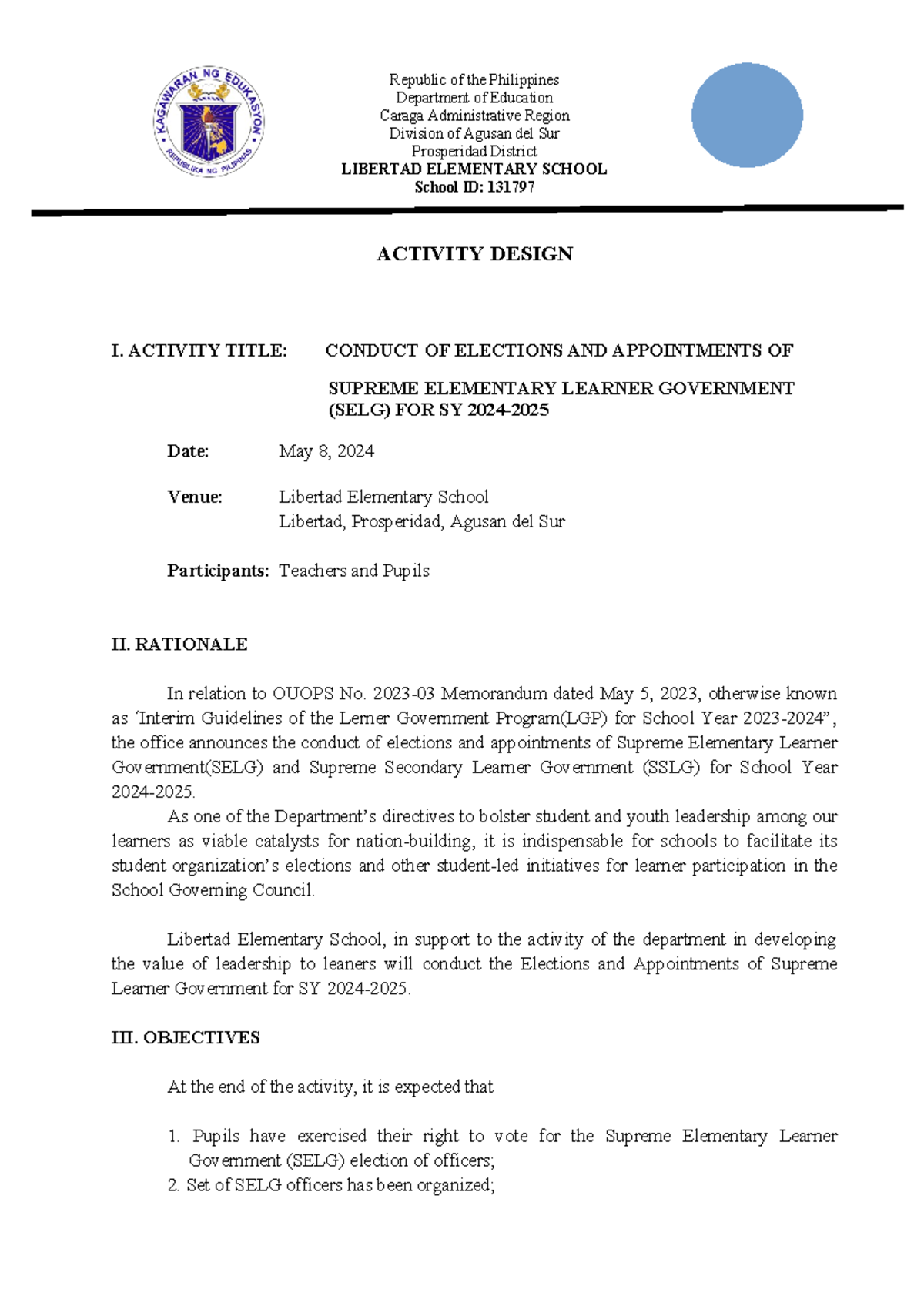 Activity Design: Elections for Supreme Elementary Learner Government ...