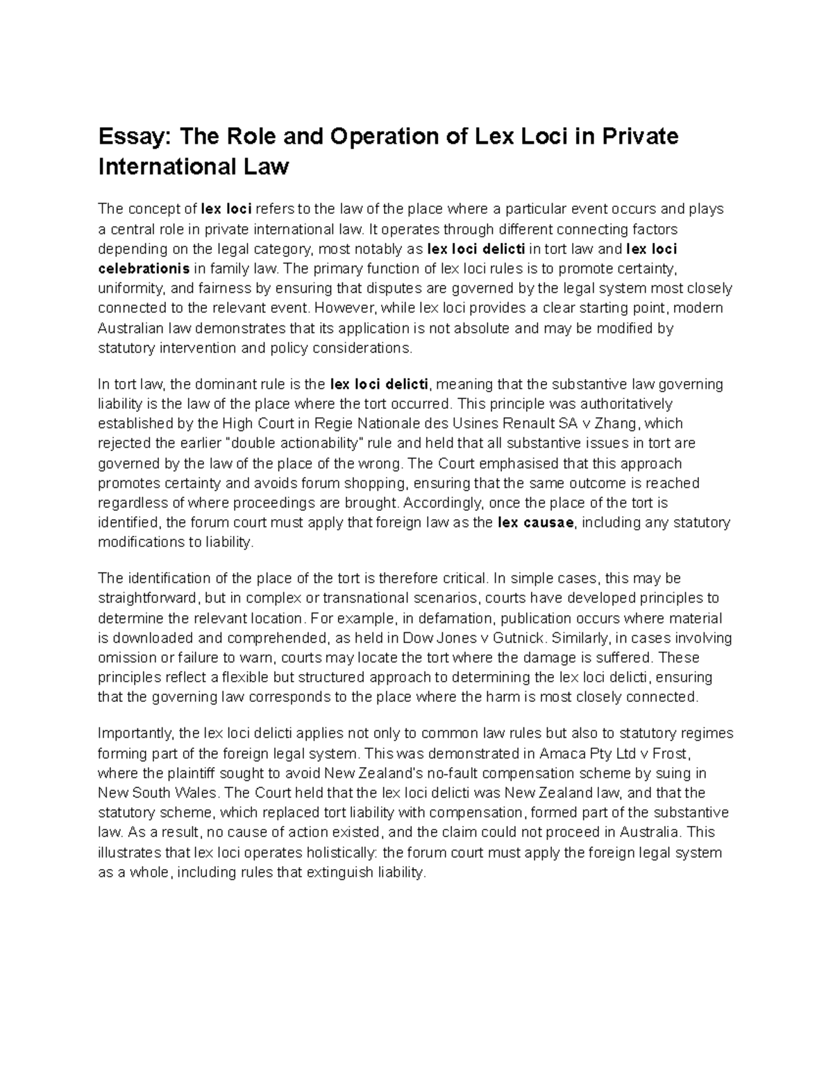 Essay: The Role of Lex Loci in Private International Law - Studocu