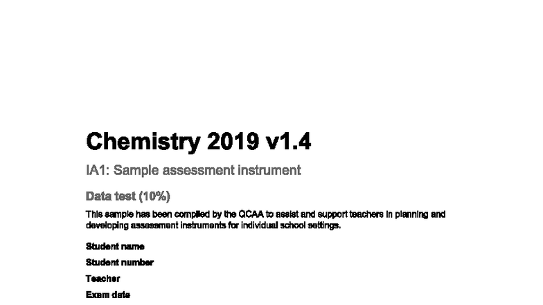 Chemistry 2019 v1.4 IA1: Sample Assessment Instrument Data Test - Studocu