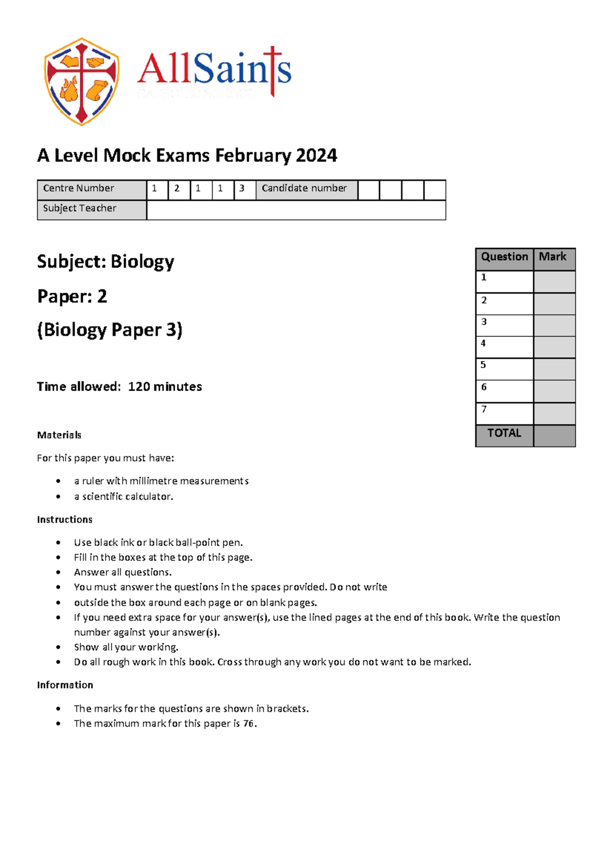 Y13 Biology Mock Exam Paper 2 - February 2024 - Studocu