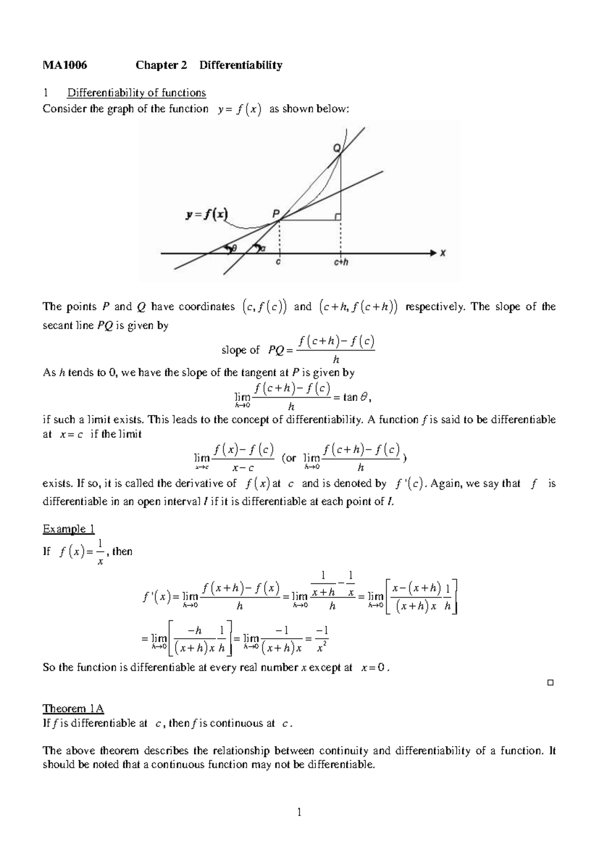 MA1006 Chatper two Differentiability lecture notes - MA1006 Chapter 2 ...