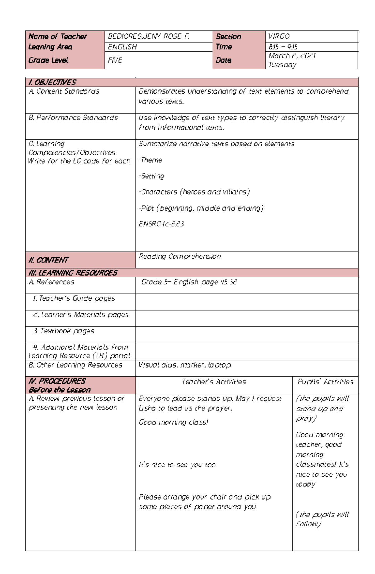 DLP EDUC 101: Lesson Plan and Activities for Grade 5 English - Studocu