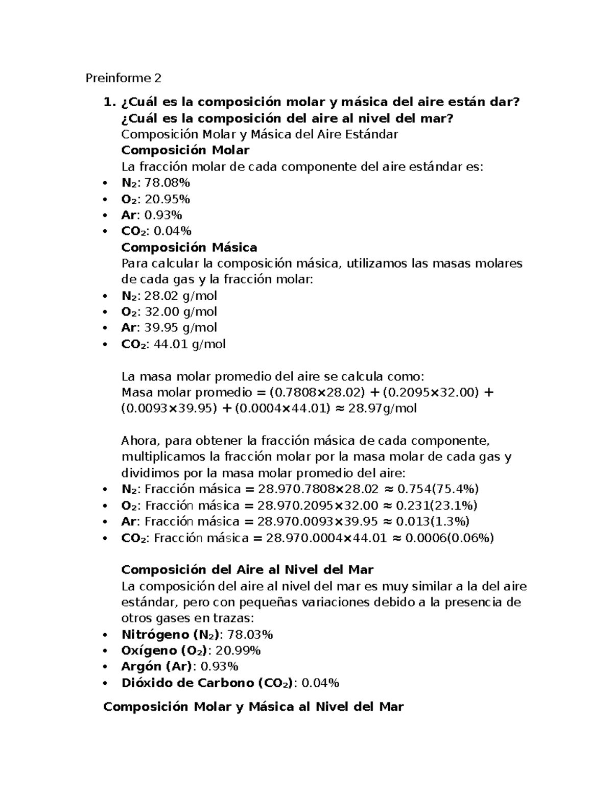 Composición Molar y Másica del Aire: Preinforme 2 y Comparativa de ...