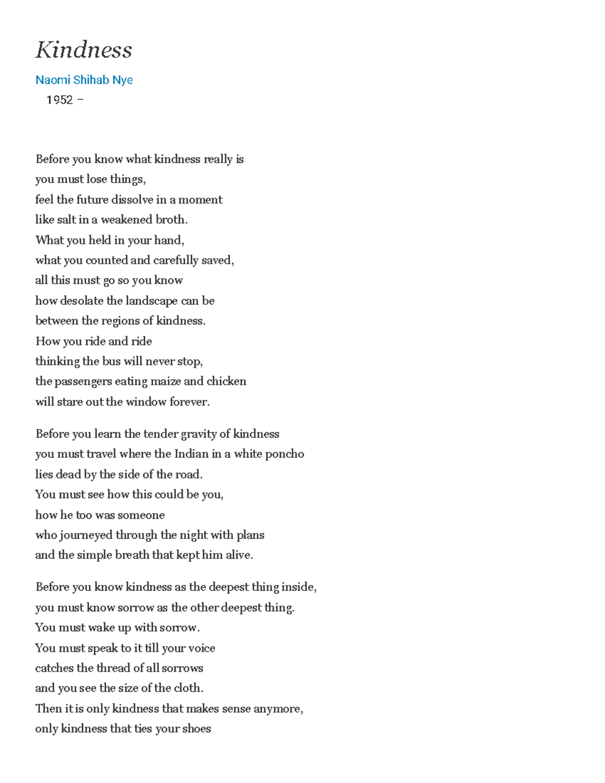 Poem Analysis: Kindness by Naomi Shihab Nye (1952) - Studocu