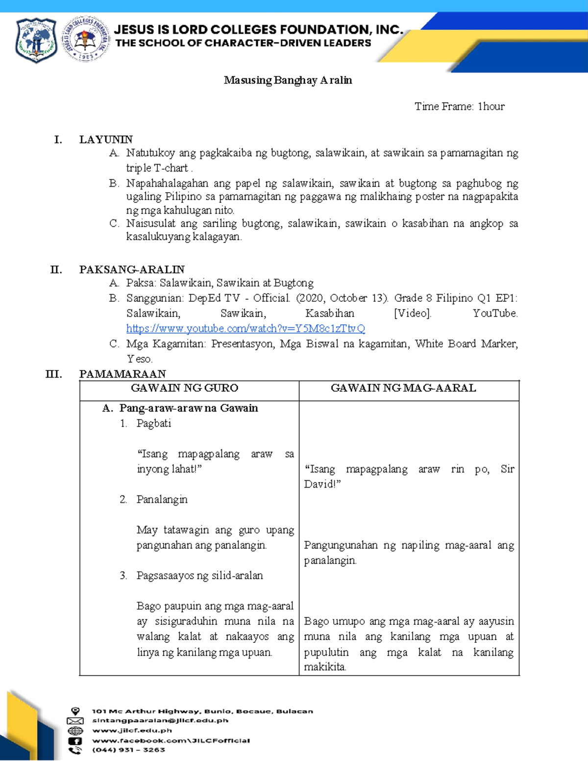 Lesson Plan: Salawikain, Sawikain, at Bugtong (Filipino 8) - Studocu