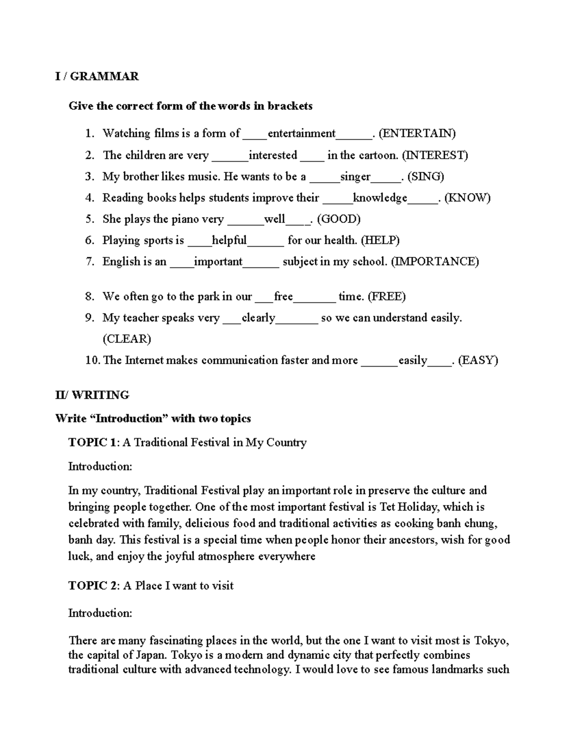 I GRAMMAR & WRITING EXERCISES - ENG 101 - Studocu