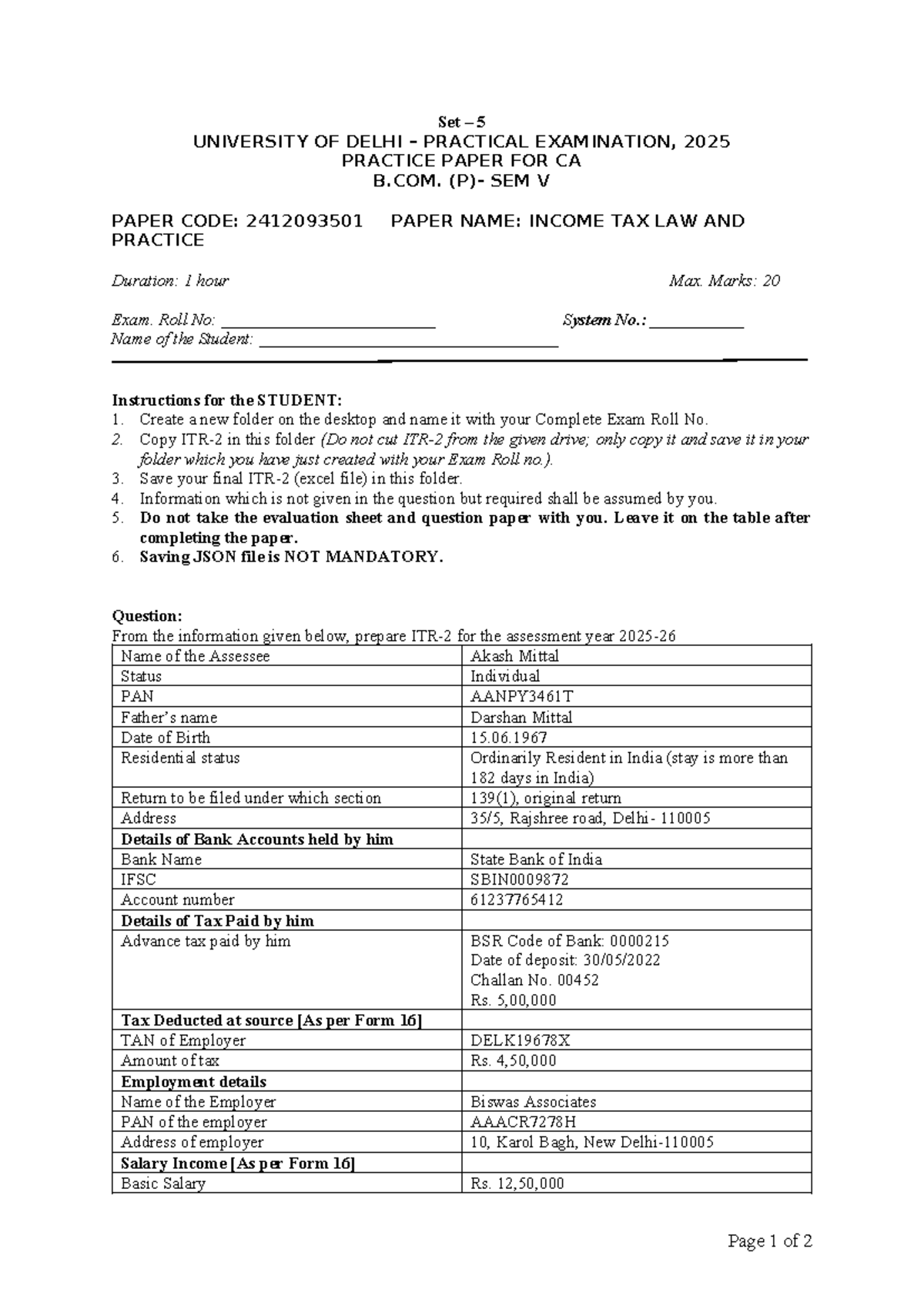Set 5: Practical Exam Paper for CA B.Com Sem V - Income Tax Law - Studocu