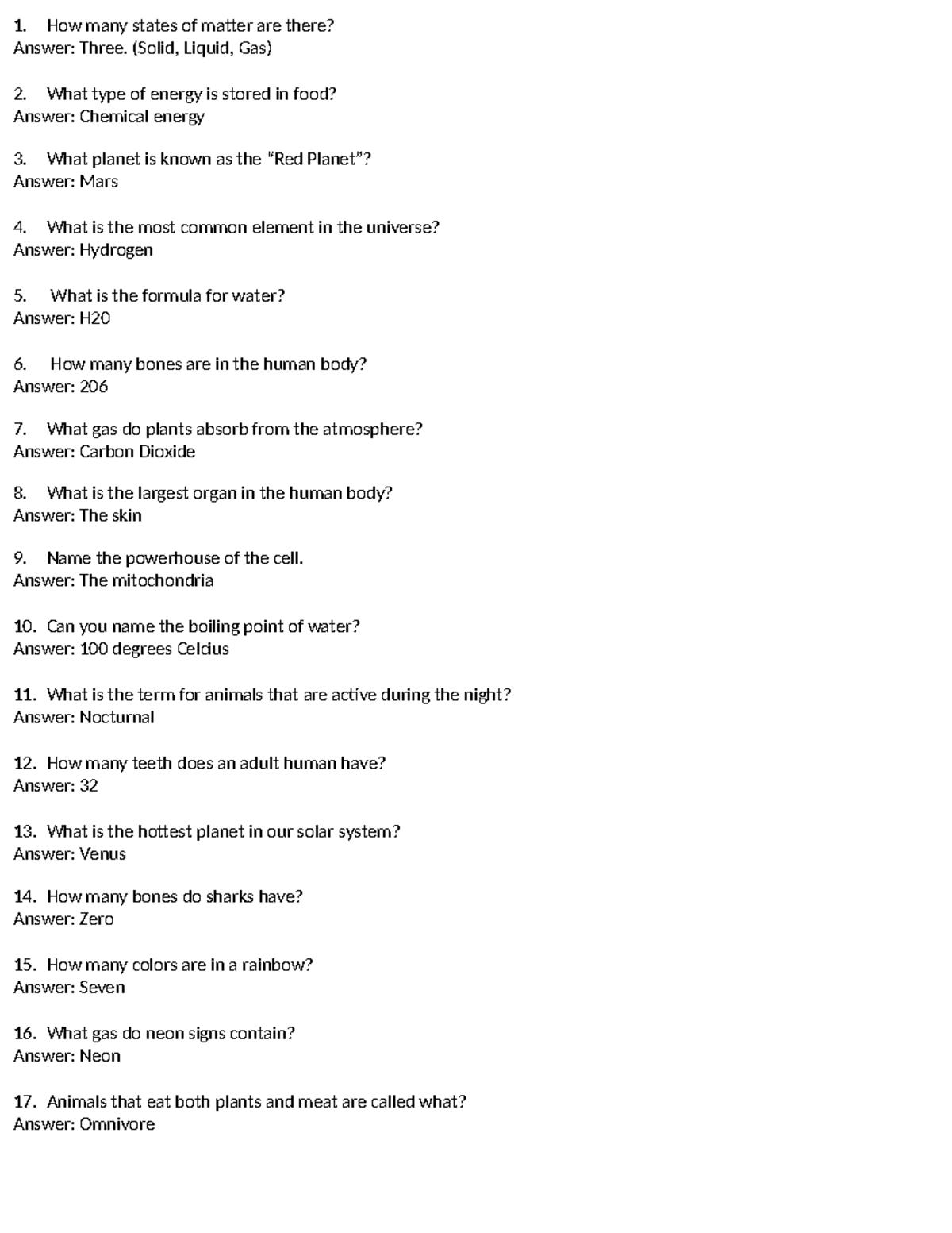 Science Trivia A: Key Facts on Matter, Energy, and Biology - Studocu