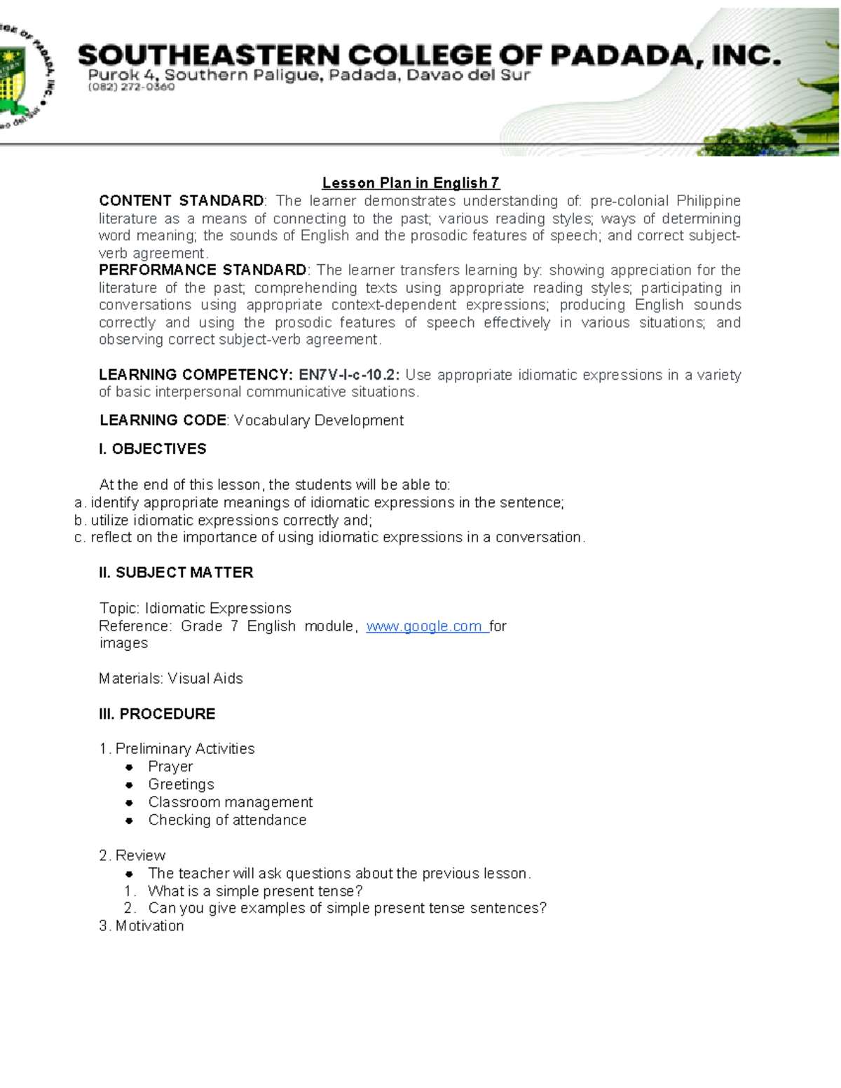 LP Idiomatic Expressions - Lesson Plan in English 7 CONTENT STANDARD ...