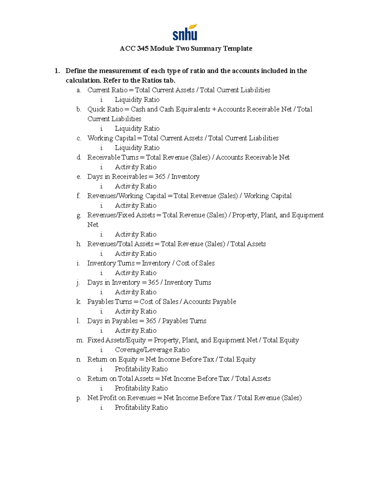 ACC 345 Module Two Ratio Analysis Summary and Significance - Studocu