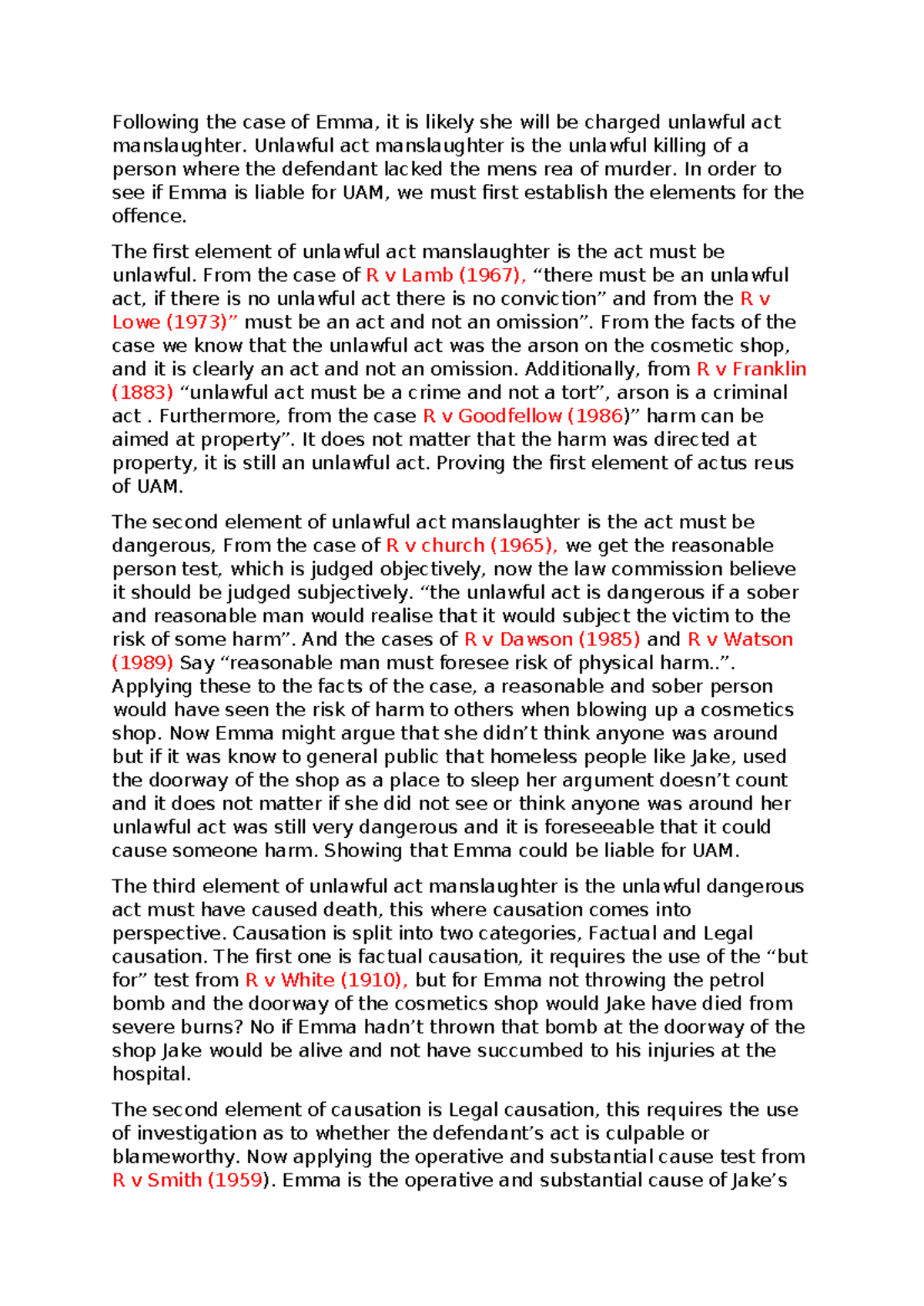 Practice Past Paper 2 - Unlawful Act Manslaughter Analysis - Studocu