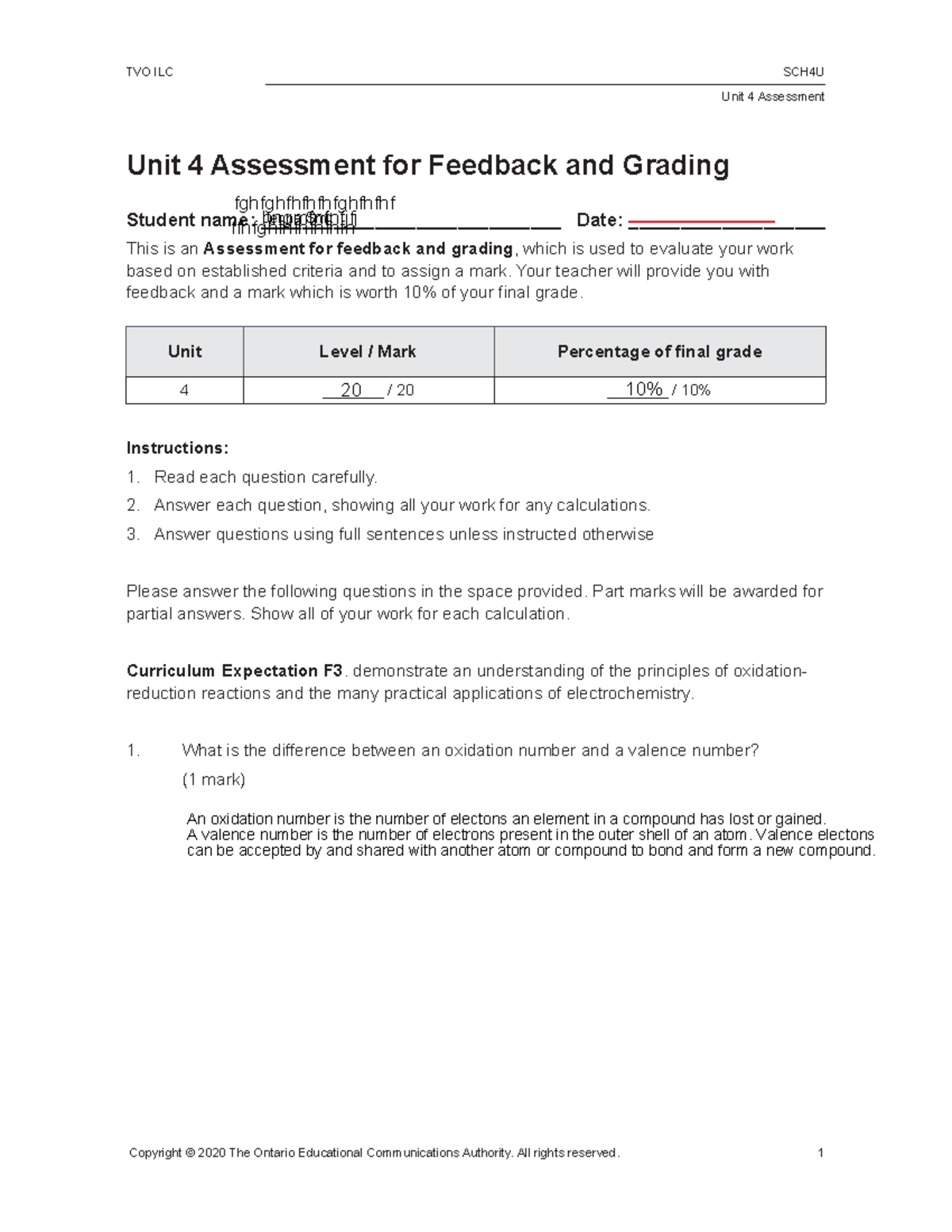 Sch4u Unit 4 Assessment Feedback & Grading Guide - Studocu