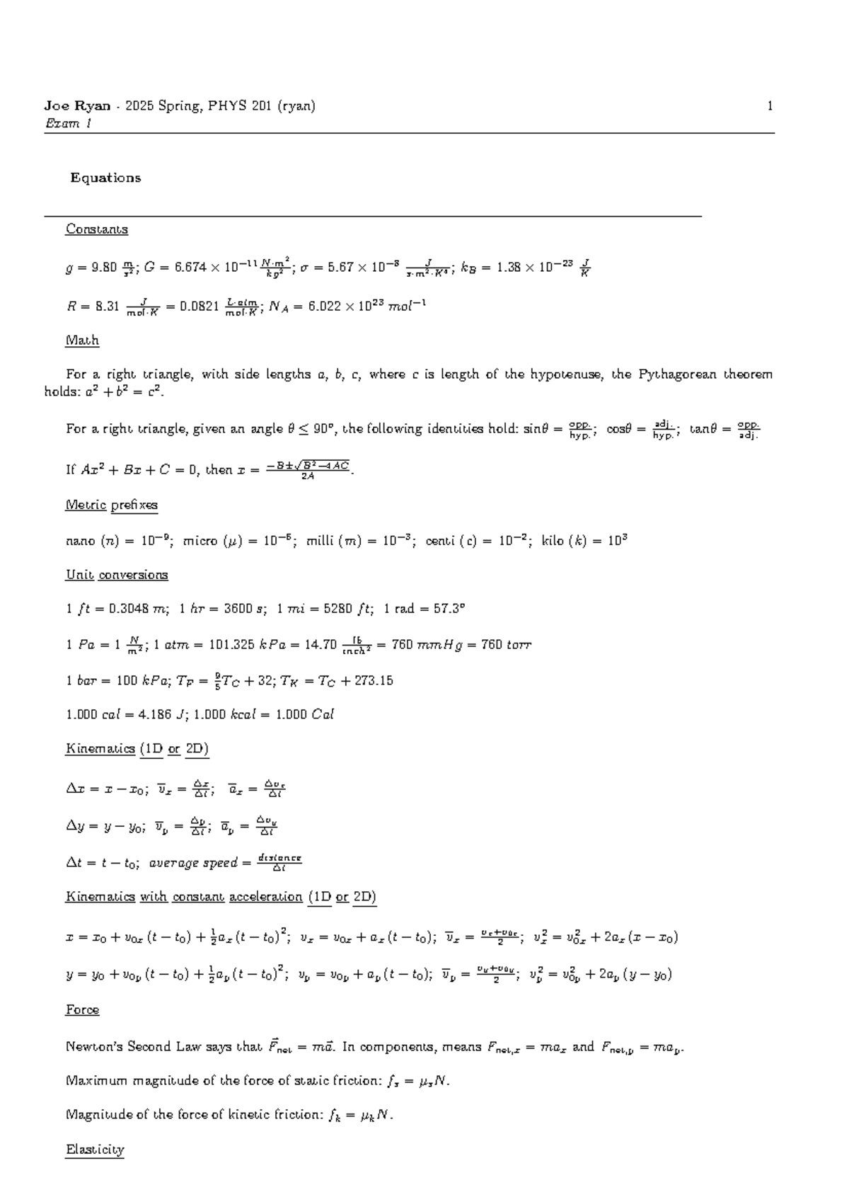 Spring 2025 PHYS 201 Exam 1 Equation Sheet - Studocu