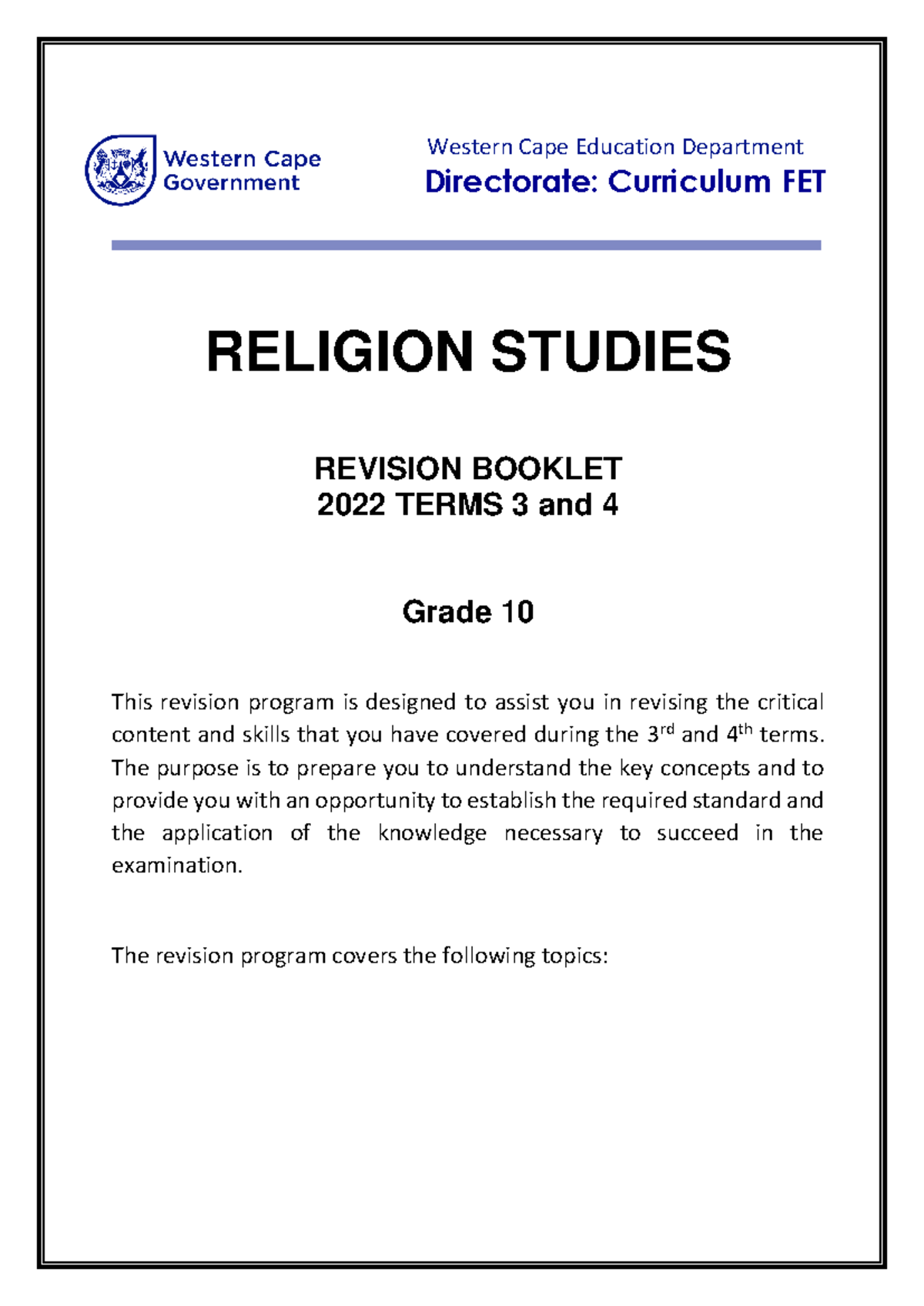 Religion Studies Grade 10 Revision Answers Term 3 & 4 2022 - Studocu
