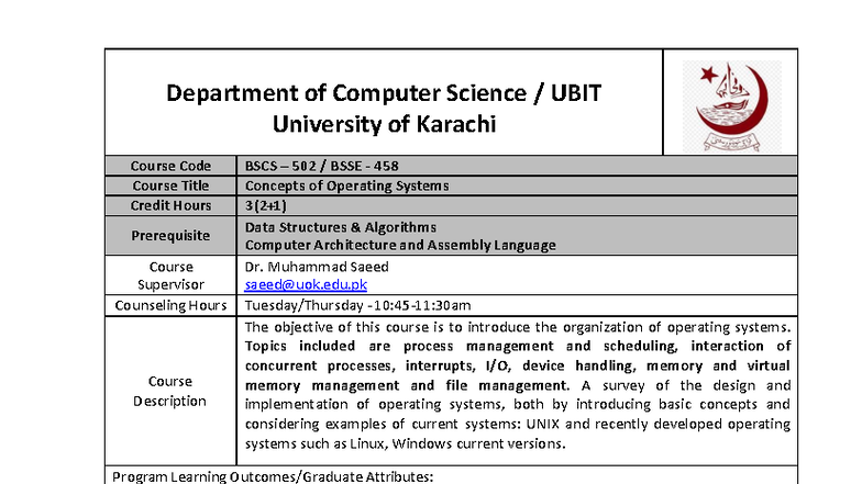 UBIT - BSCS 502 Operating Systems Course Syllabus - Studocu